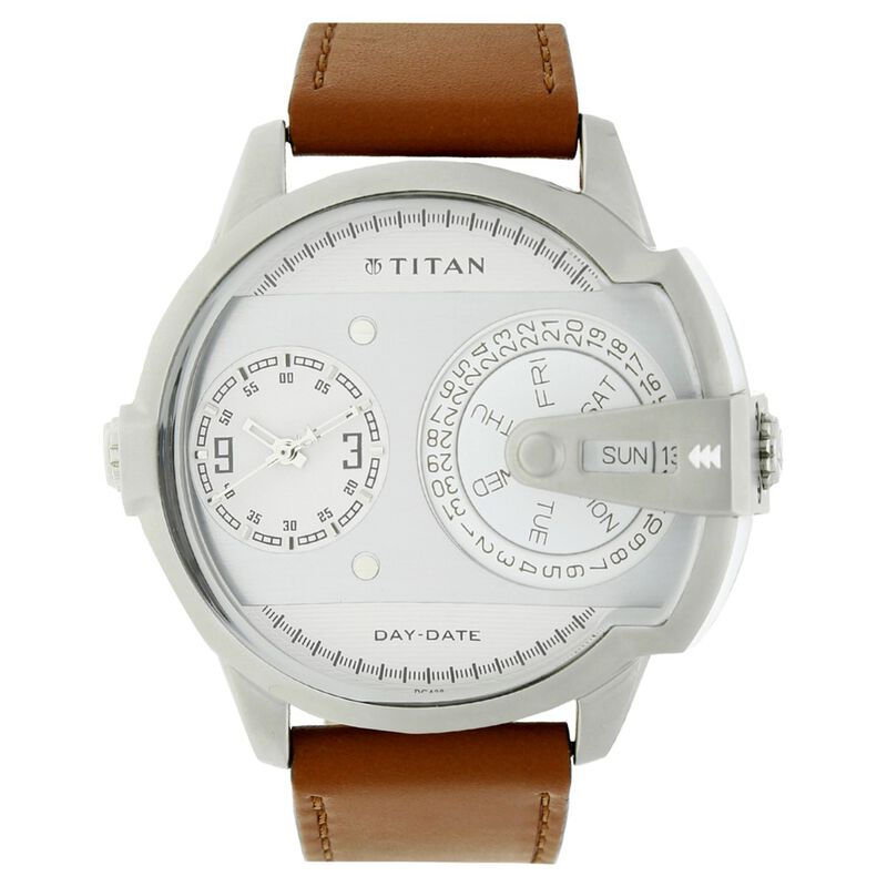 Buy Online Titan Quartz Analog with Day and Date Silver Dial Leather ...