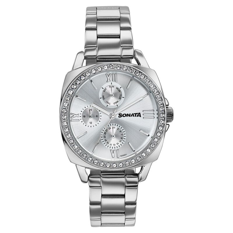 Buy Online Sonata Festive Quartz Multifunction Silver Dial Silver Metal ...