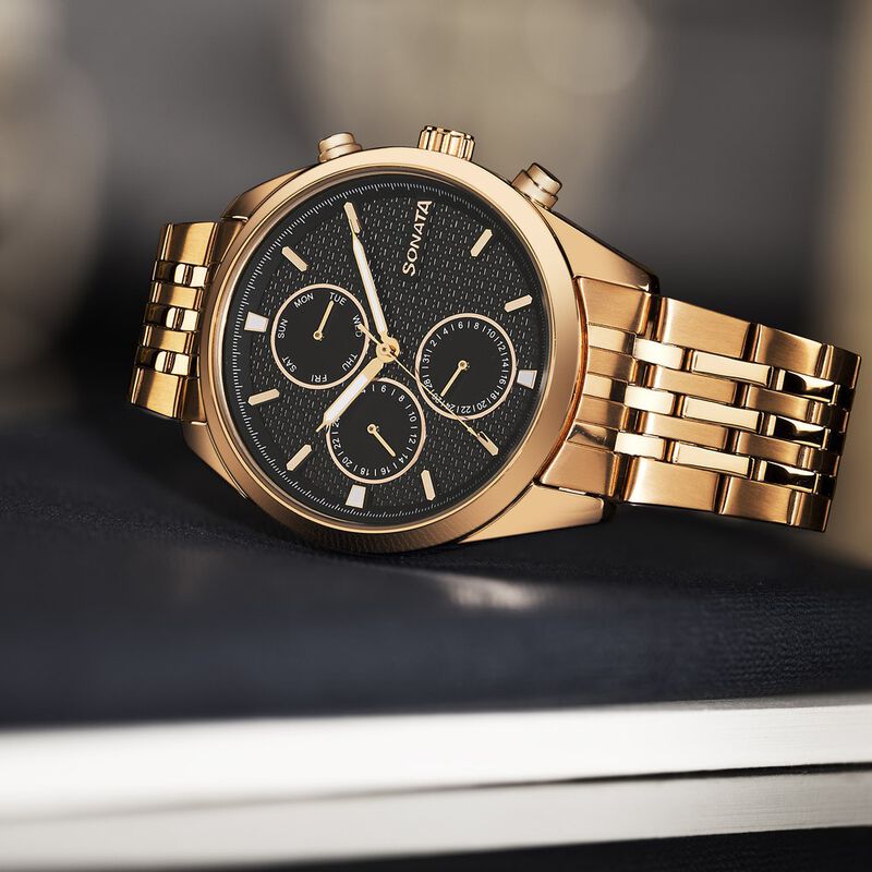 Buy Online Sonata Magna Quartz Multifunction Black Dial Rose Gold ...