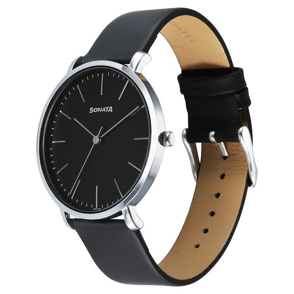 Buy Online Sonata Ascent Quartz Analog Black Dial Leather Strap Watch ...
