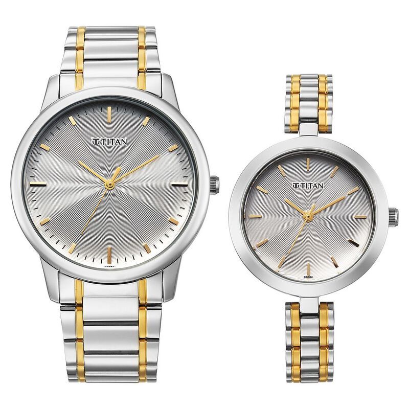 Buy Online Titan Bandhan Eternal Pair Analog with Silver Dial Dual Tone Stainless Steel Strap ...