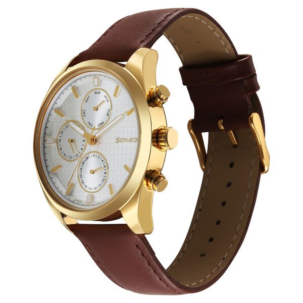 Buy Online Sonata Magna Quartz Multifunction Silver Dial Brown Leather ...