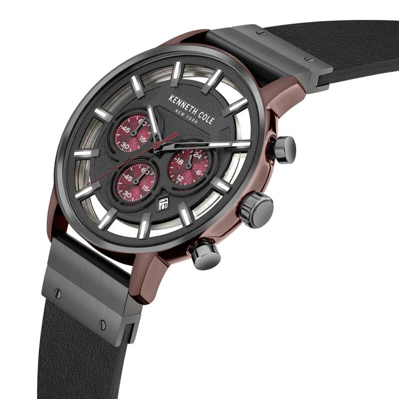 Buy Online Kenneth Cole Quartz Chronograph Black Dial Leather Strap ...