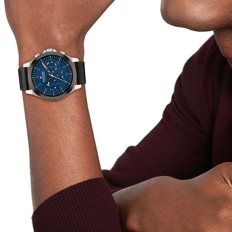 Buy Online Tommy Hilfiger Blue Dial Black Colour Leather Strap Watch ...