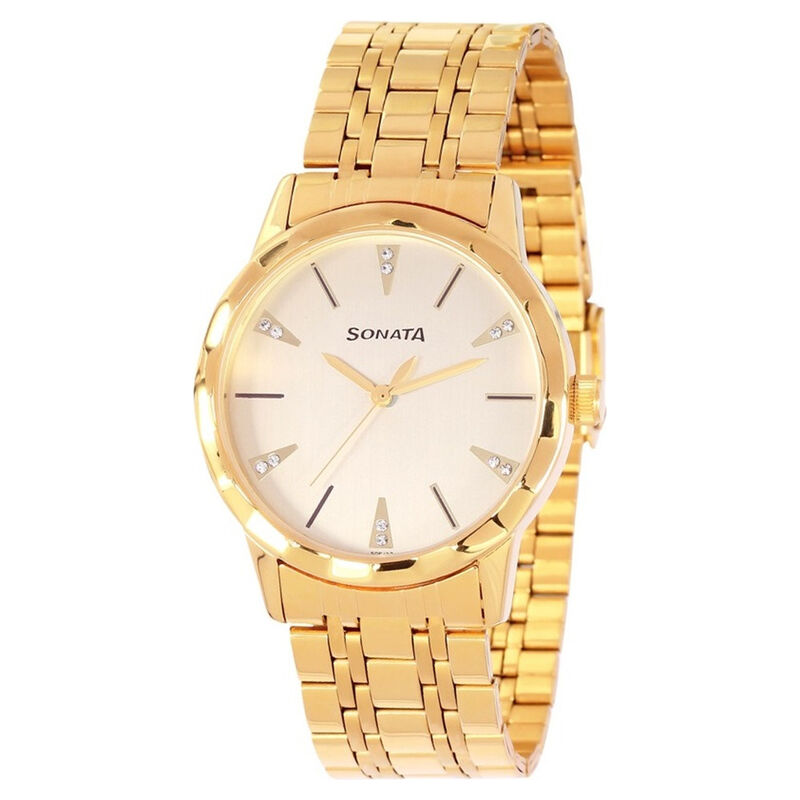 Buy Online Sonata Quartz Analog Champagne Dial Stainless Steel Strap ...