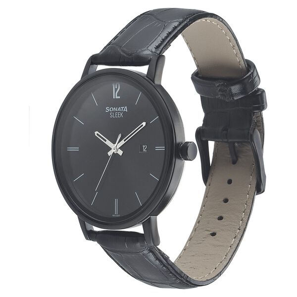 Buy Online Sonata Quartz Analog with Date Black Dial Leather Strap ...
