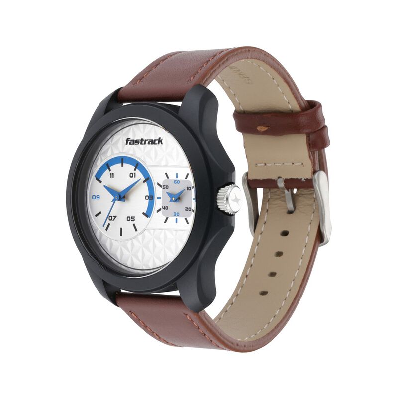 Buy Online Fastrack Dual Time Quartz Analog White Dial Leather Strap ...