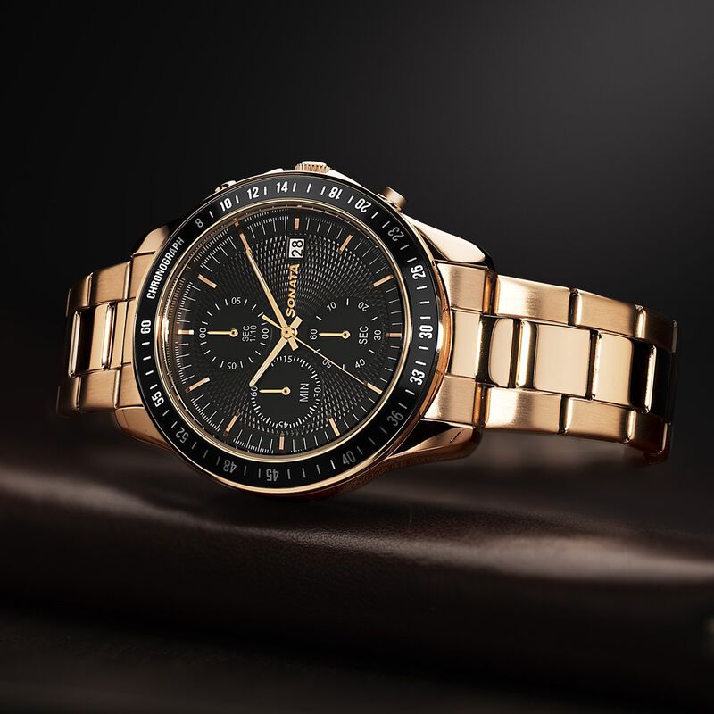 Buy Online Sonata Chronos Quartz Analog with Date Black Dial Rose Gold ...