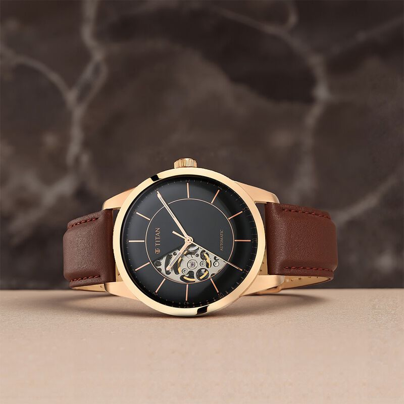 Buy Online Titan Automatic Sectoral Black Dial Brown Leather Strap ...