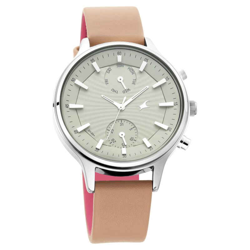 Buy Online Fastrack Ruffles Quartz Multifunction Beige Dial Leather ...