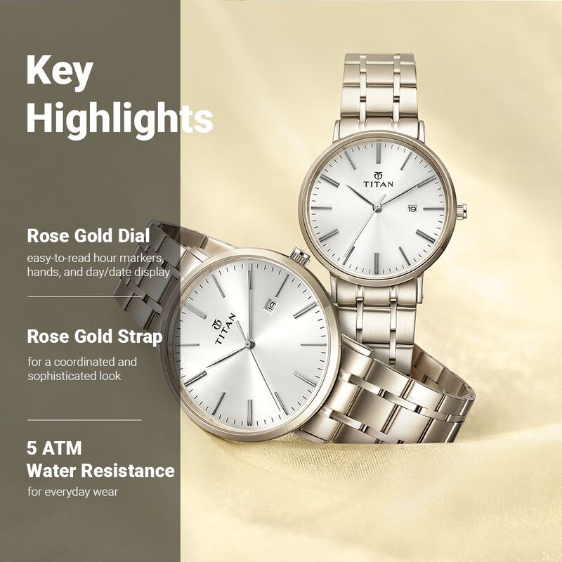 Buy Online Titan Quartz Analog with Date Rose Gold Dial Stainless Steel ...