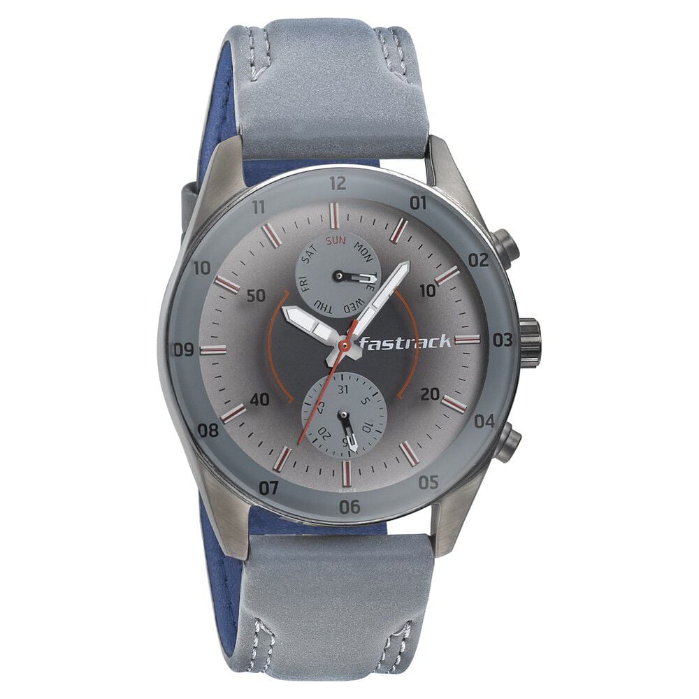 Fastrack Space Rover Quartz Multifunction Grey Dial Leather Strap Watch ...