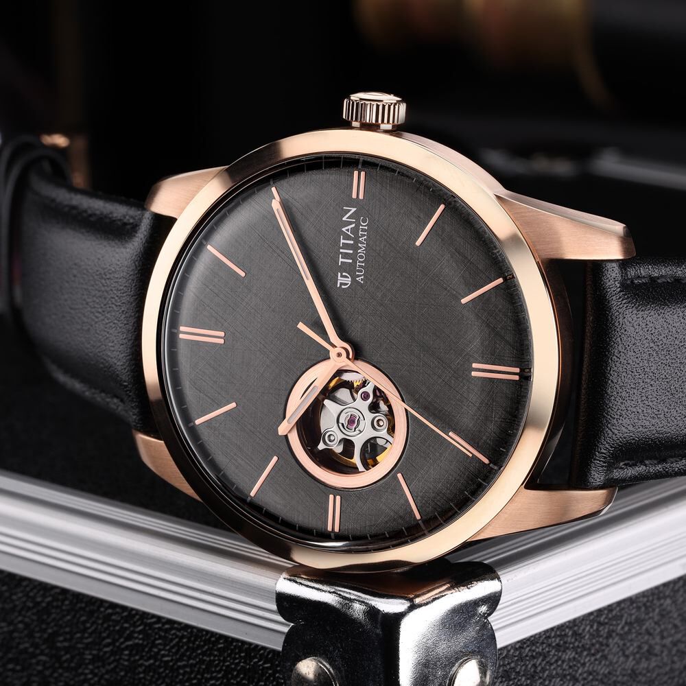 Titan Automatic Black Dial Leather Strap Watch for Men