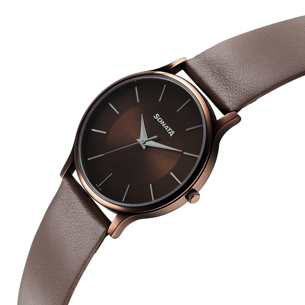 Buy Online Sonata Aspire Quartz Analog Brown Dial Leather Strap Watch ...