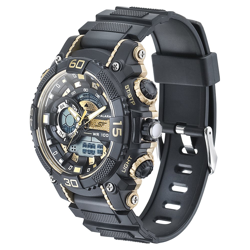 Buy Online SF Quartz Analog Digital Golden Dial PU Strap Watch for Men ...