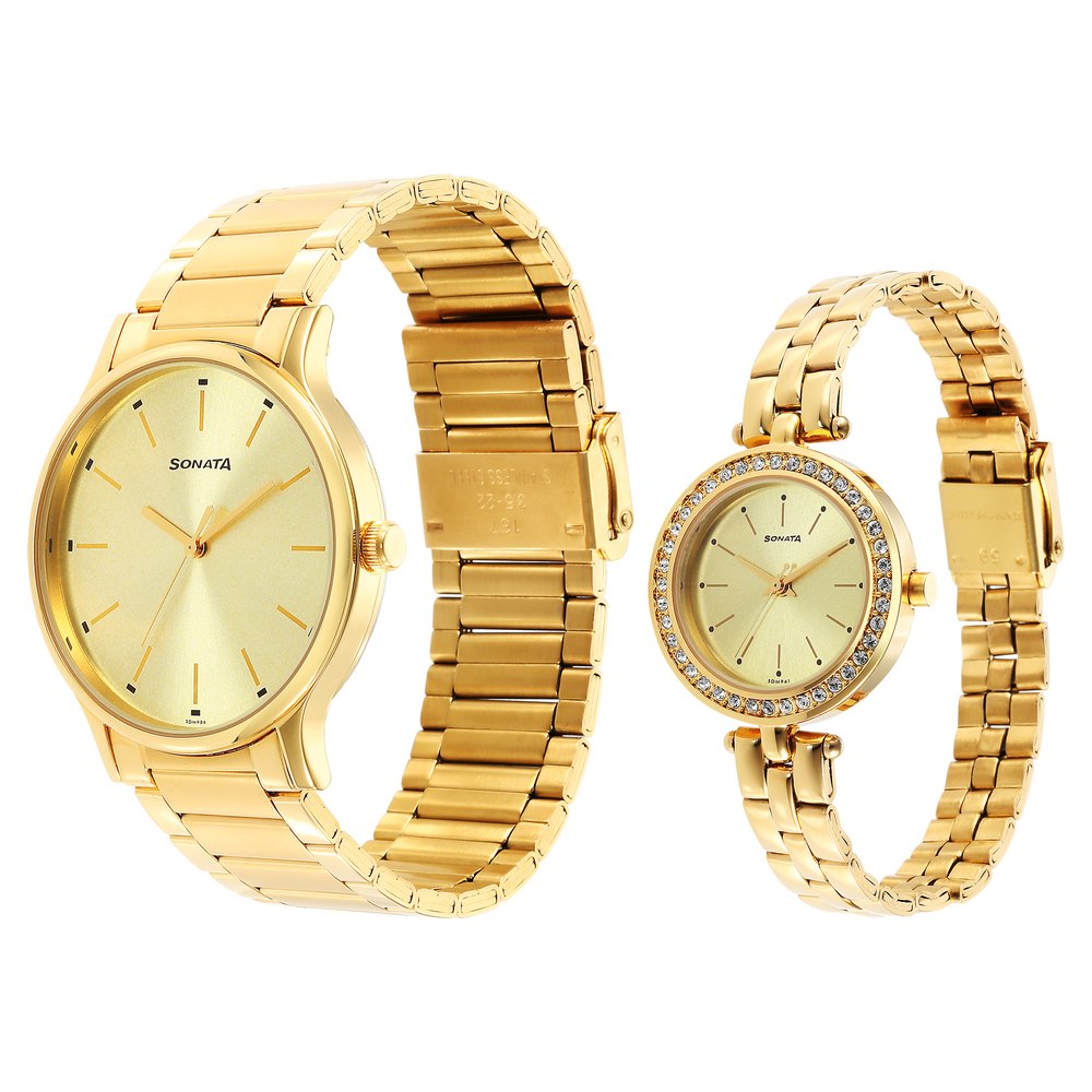 Buy Online Sonata Quartz Analog Champagne Dial Stainless Steel Strap ...