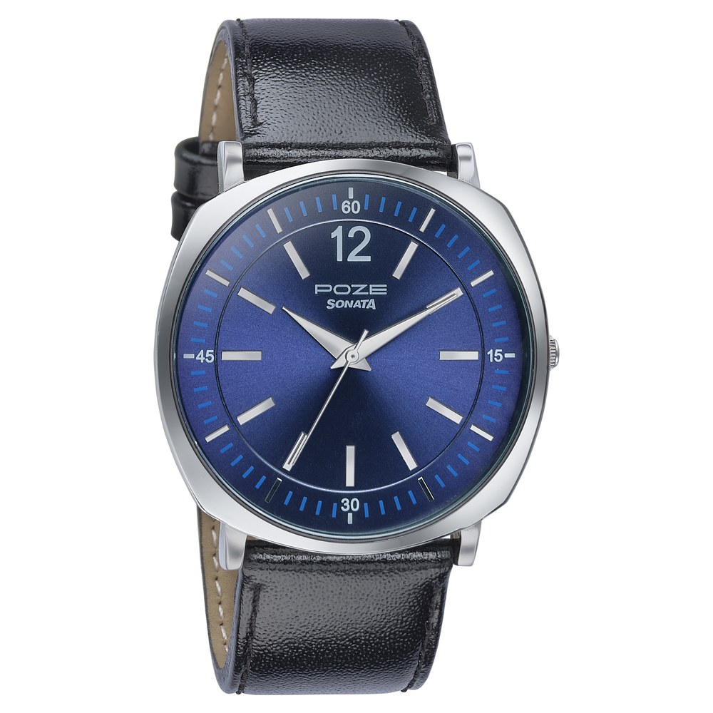 Buy Online Sonata Poze Quartz Analog Blue Dial Black Color Leather ...