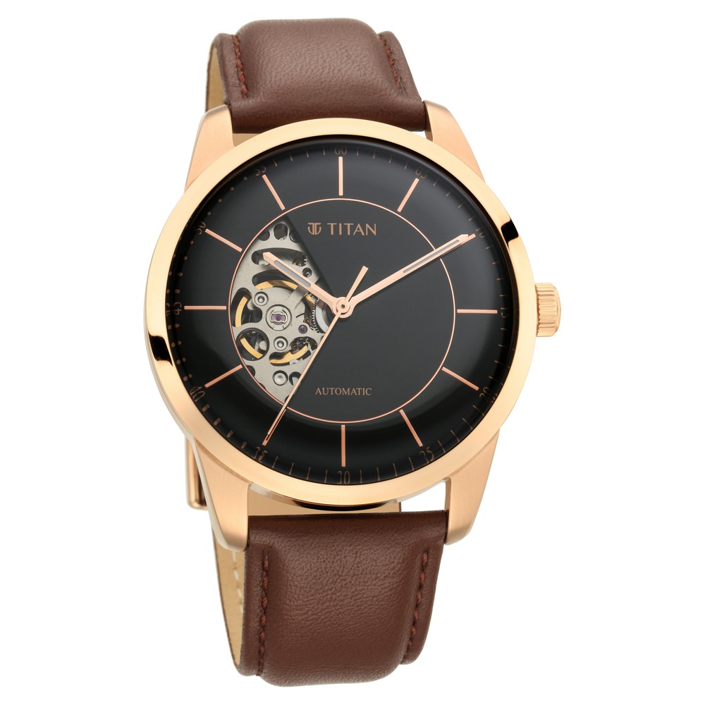 Buy Online Titan Automatic Sectoral Black Dial Brown Leather Strap ...