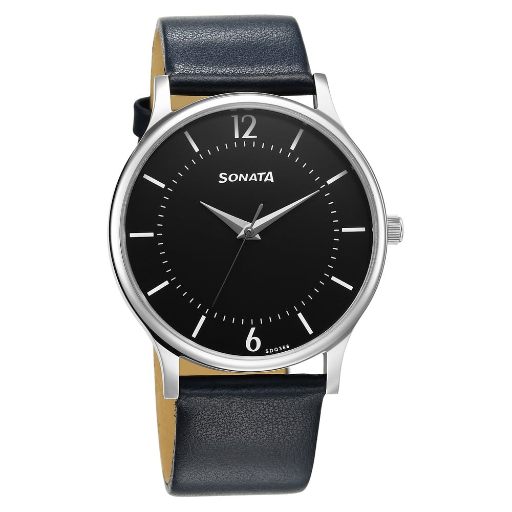 Buy Online Sonata Aspire Quartz Analog Black Dial Leather Strap Watch ...