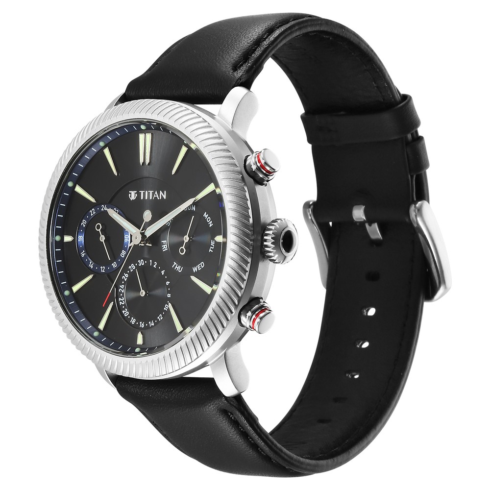 Buy Online Titan Stellar Quartz Multifunction Black Dial Leather Strap ...