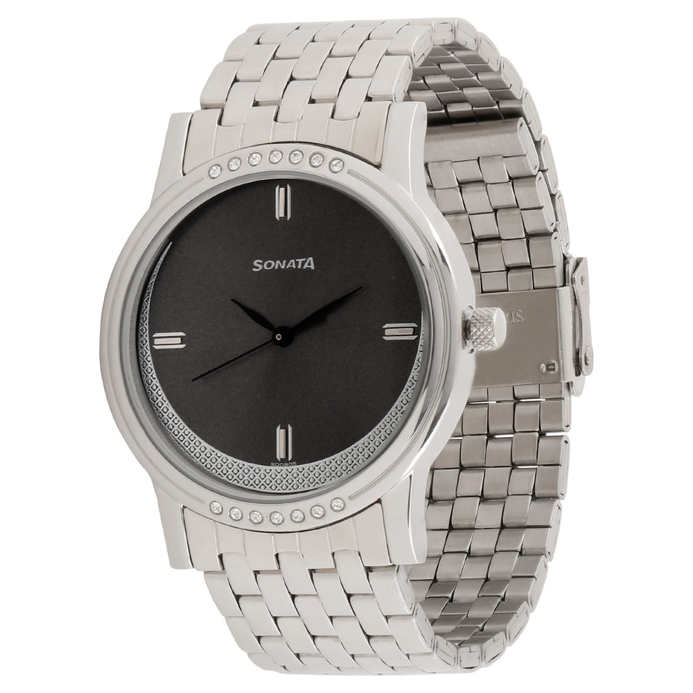 Buy Online Sonata Quartz Analog Black Dial Stainless Steel Strap Watch ...
