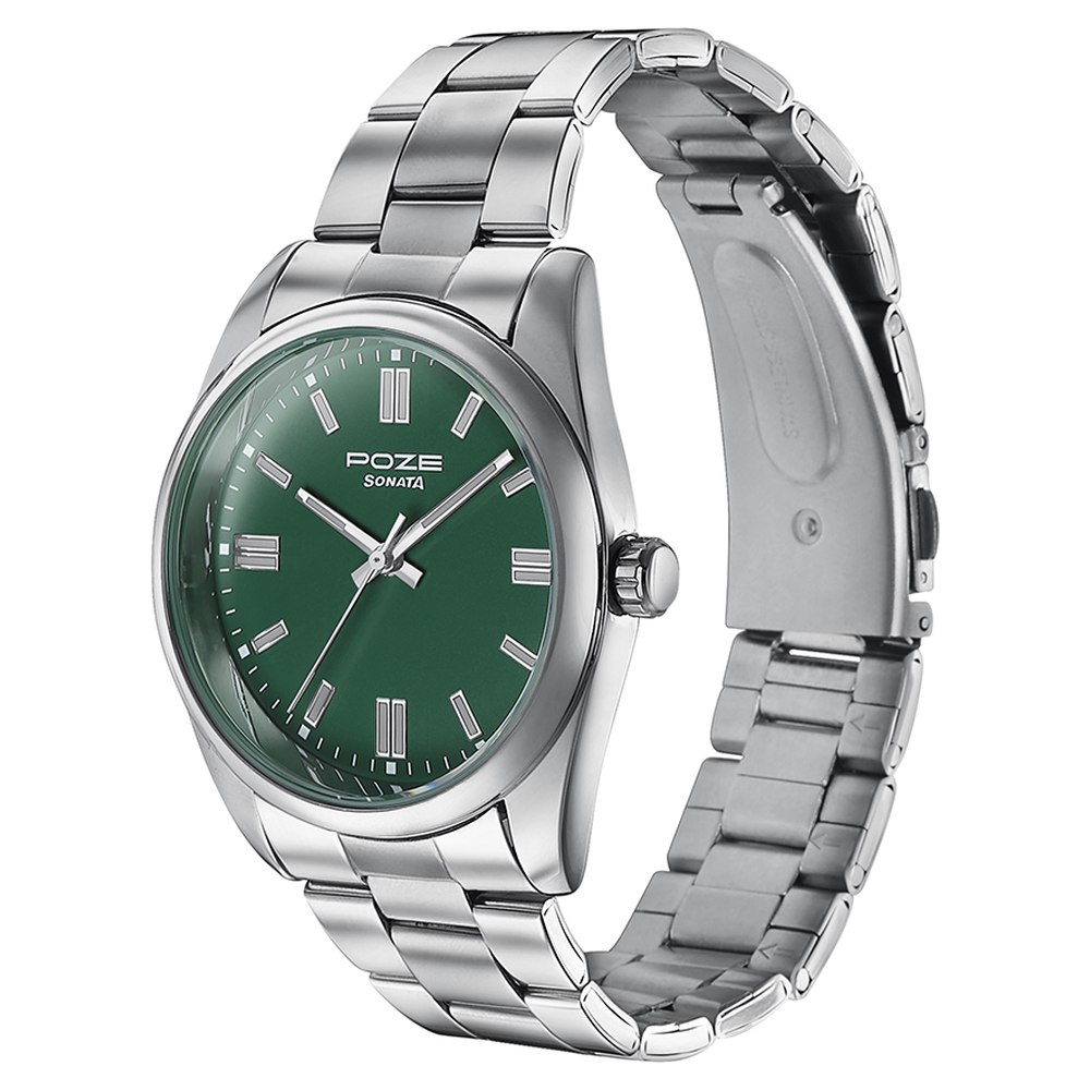 Buy Online Sonata Poze Quartz Analog Green Dial Metal Strap Watch for ...