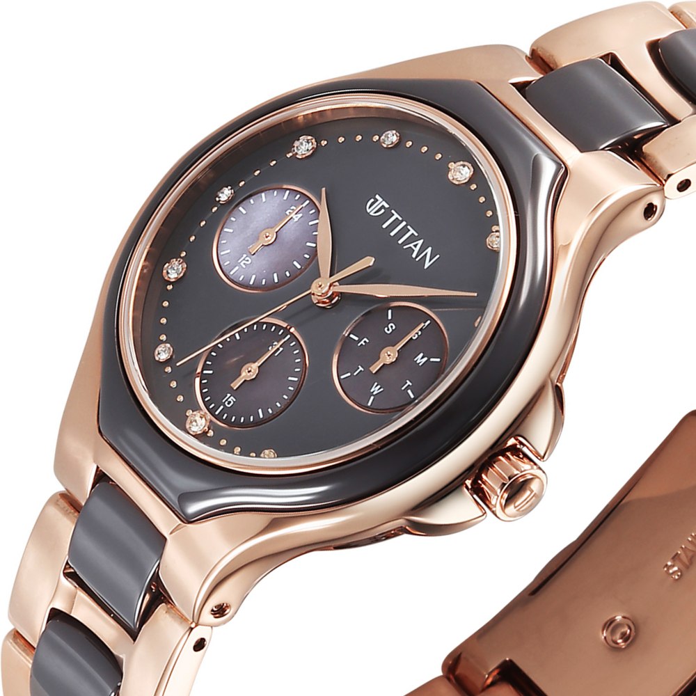 Buy Online Titan Glamour Quartz Multifunction Grey Dial Two Toned Steel ...