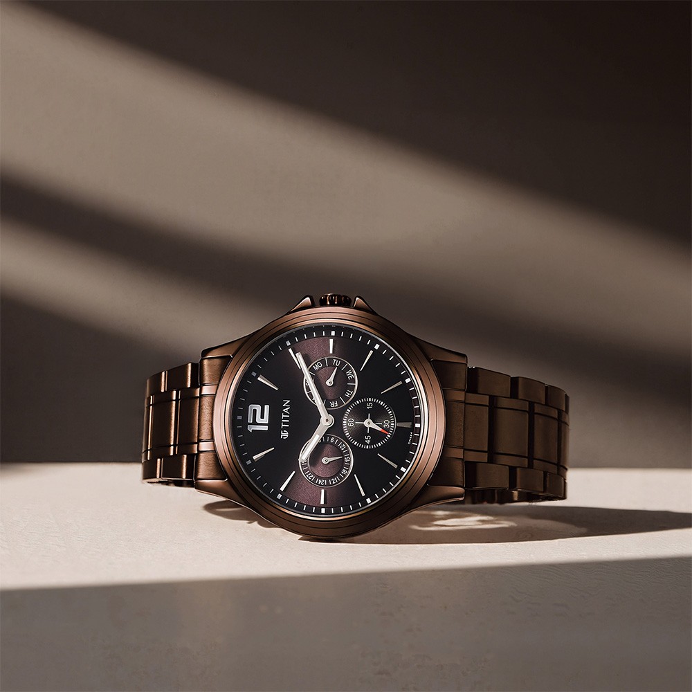 Buy Online Titan Neo Splash Quartz Multifunction Brown Dial Stainless ...