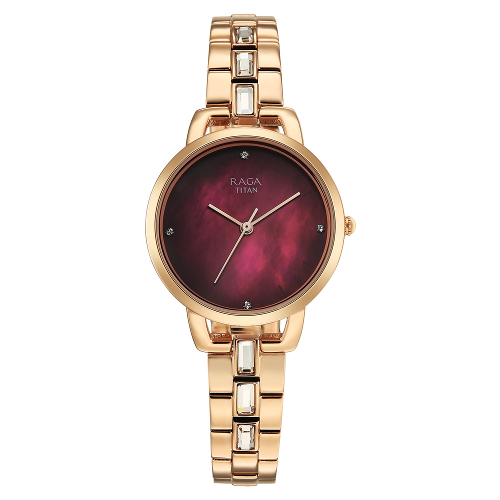 Buy Online Titan Raga Glimmers Quartz Analog Red Mother of Pearl Dial Rose Gold Metal Strap ...
