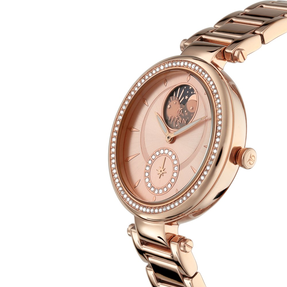 Buy Online Titan Stellar Rose Gold Dial Moonphase Stainless Steel Strap ...