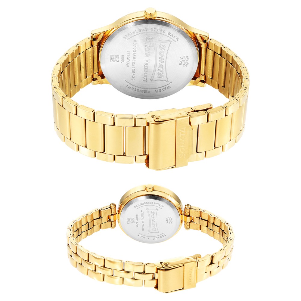 Buy Online Sonata Quartz Analog Champagne Dial Stainless Steel Strap ...