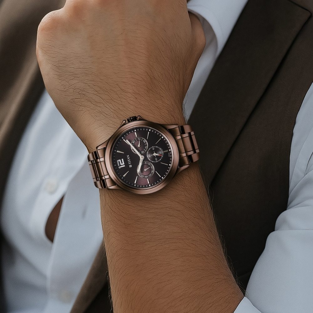 Buy Online Titan Neo Splash Quartz Multifunction Brown Dial Stainless ...