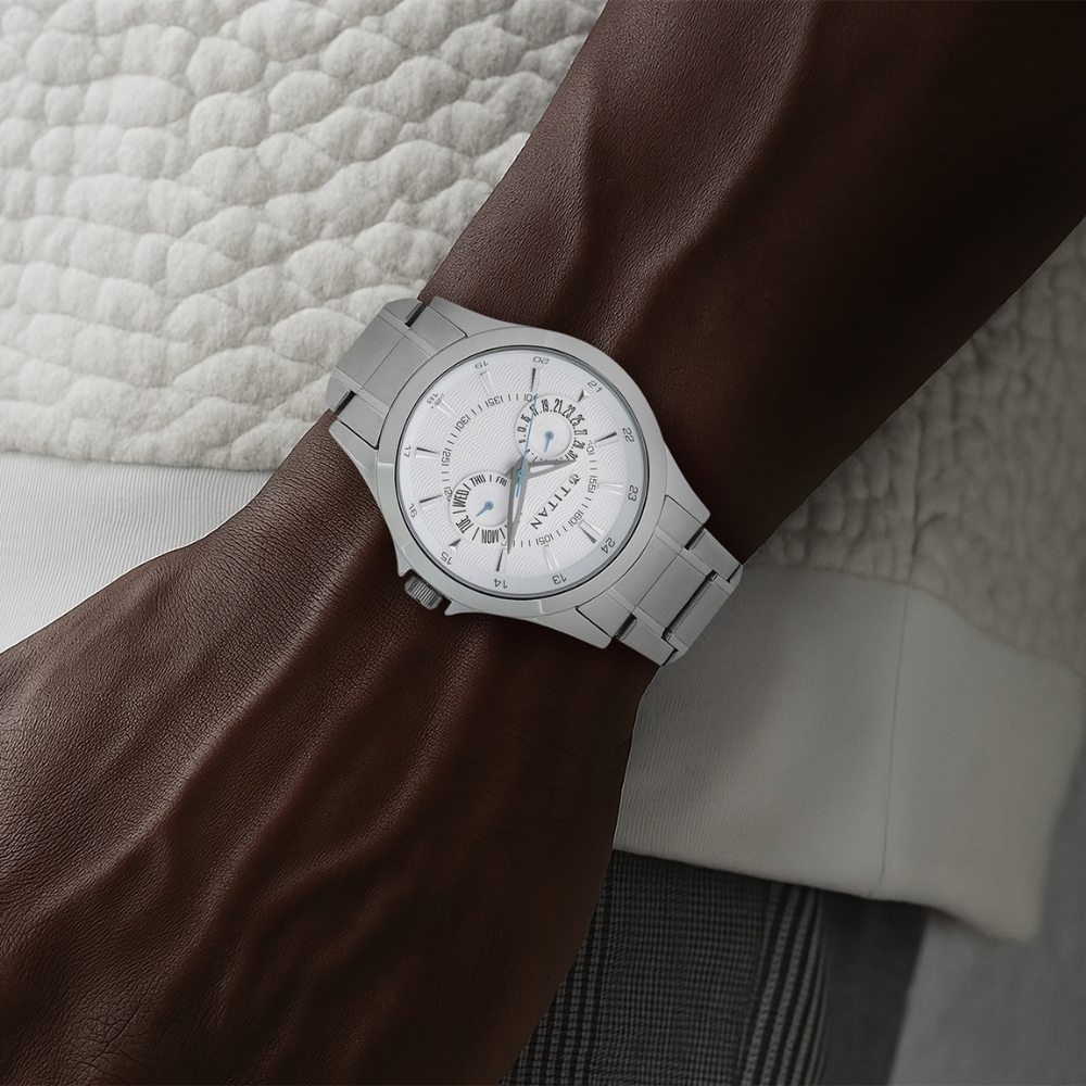Buy Online Titan Multifunction Silver Dial Silver Stainless Steel Strap ...
