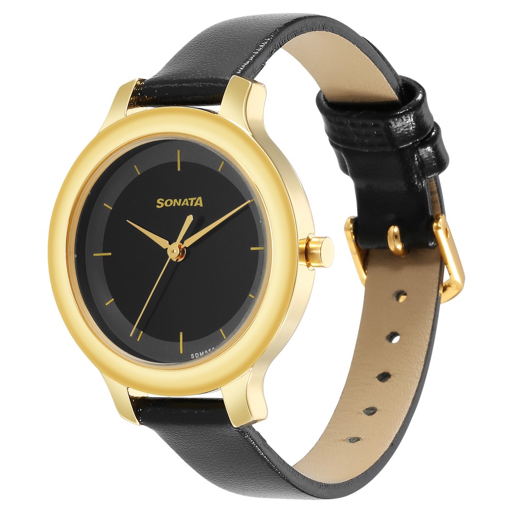 Buy Online Sonata Gold Edit Black Dial Women Watch With Leather Strap ...