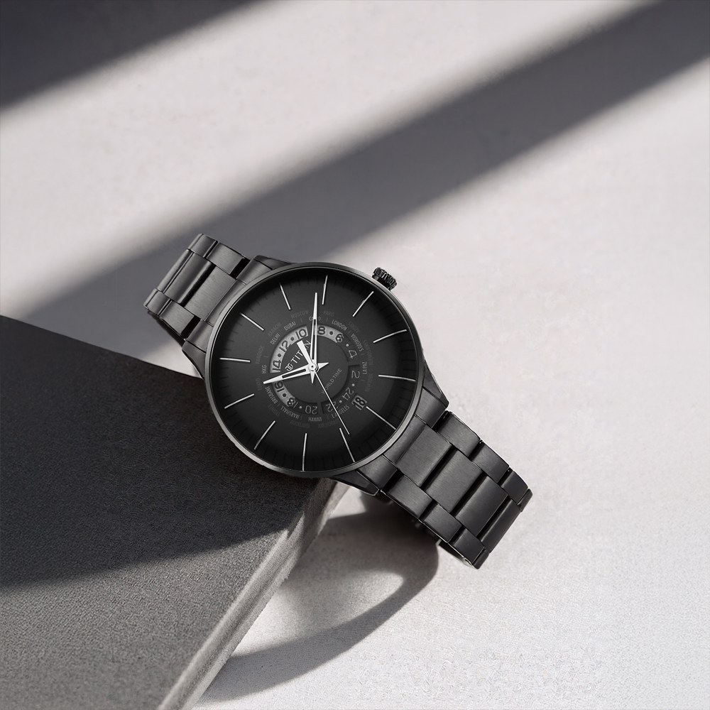 Buy Online Titan Black Dial World Time with Date Stainless Steel Strap ...
