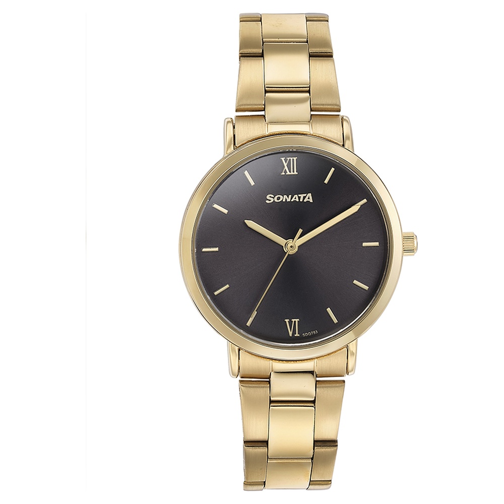 Buy Online Sonata Quartz Analog Black Dial Golden Stainless Steel Strap ...