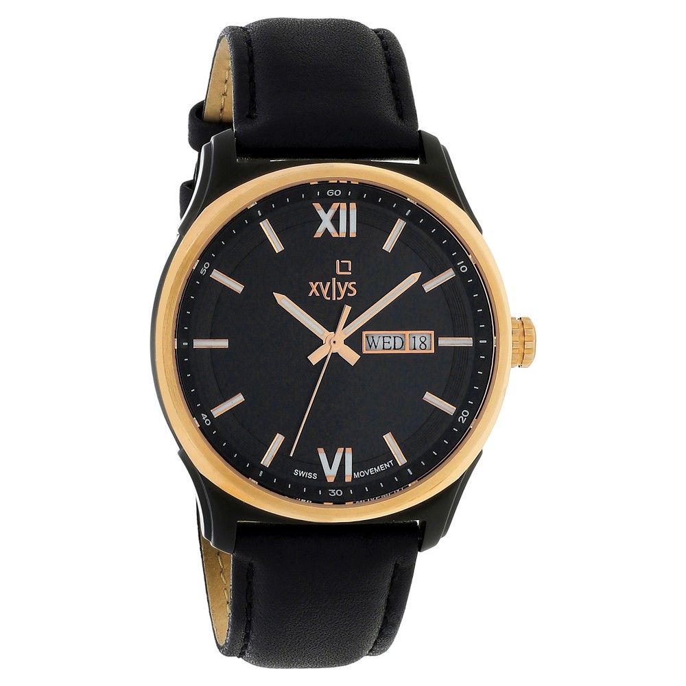 Buy Online Xylys Swiss Analog with Day Date Black Leather Strap Black ...