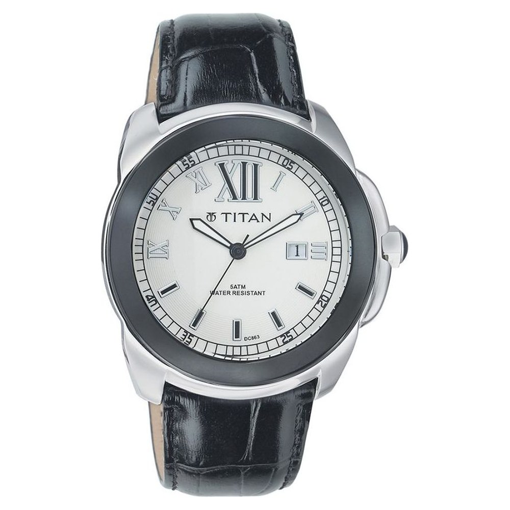 Buy Online Titan Quartz Analog with Date White Dial Leather Strap Watch ...