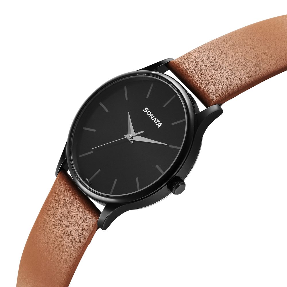 Buy Online Sonata Aspire Quartz Analog Black Dial Leather Strap Watch ...
