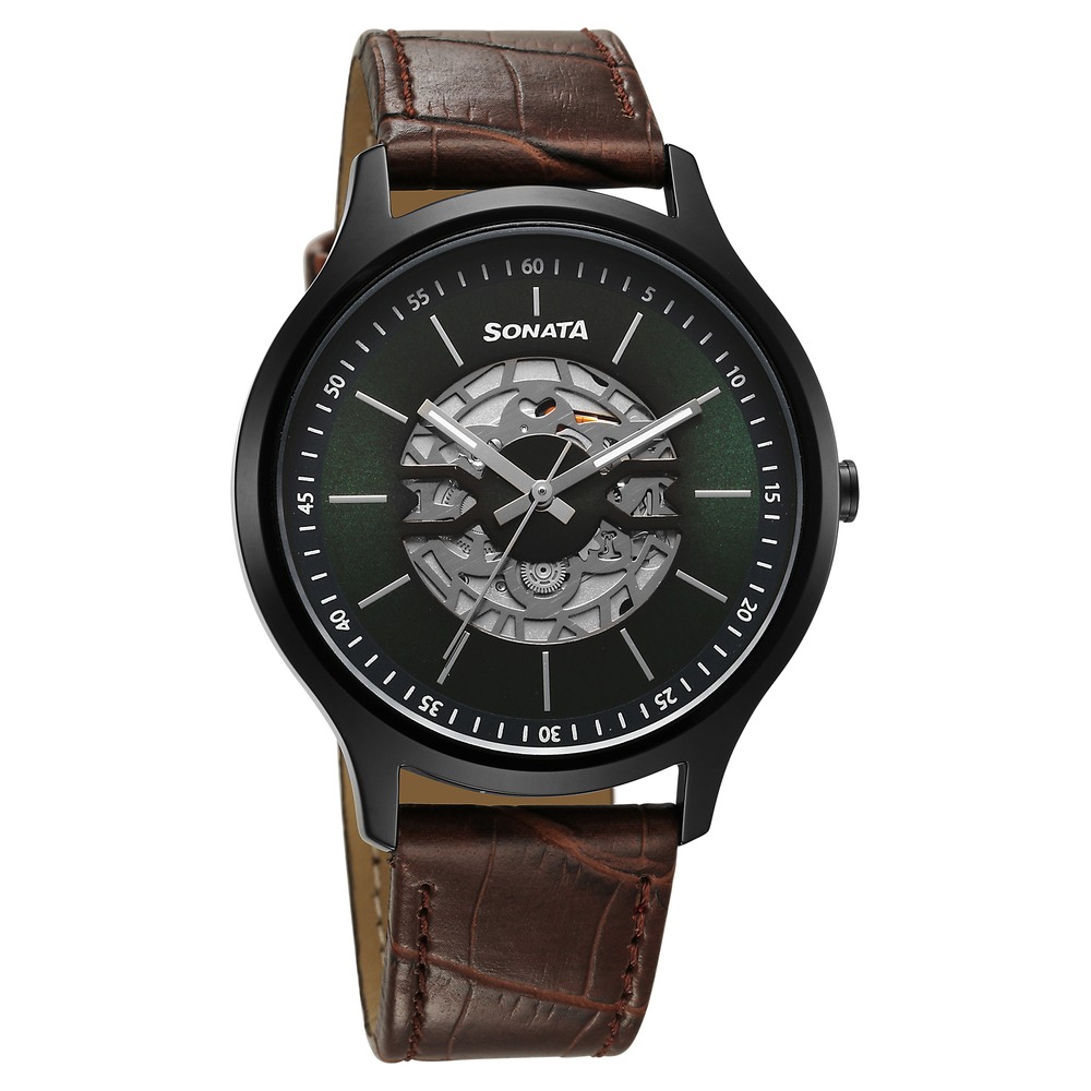 Buy Online Sonata Unveil Quartz Multifunction Green Dial Leather Strap ...