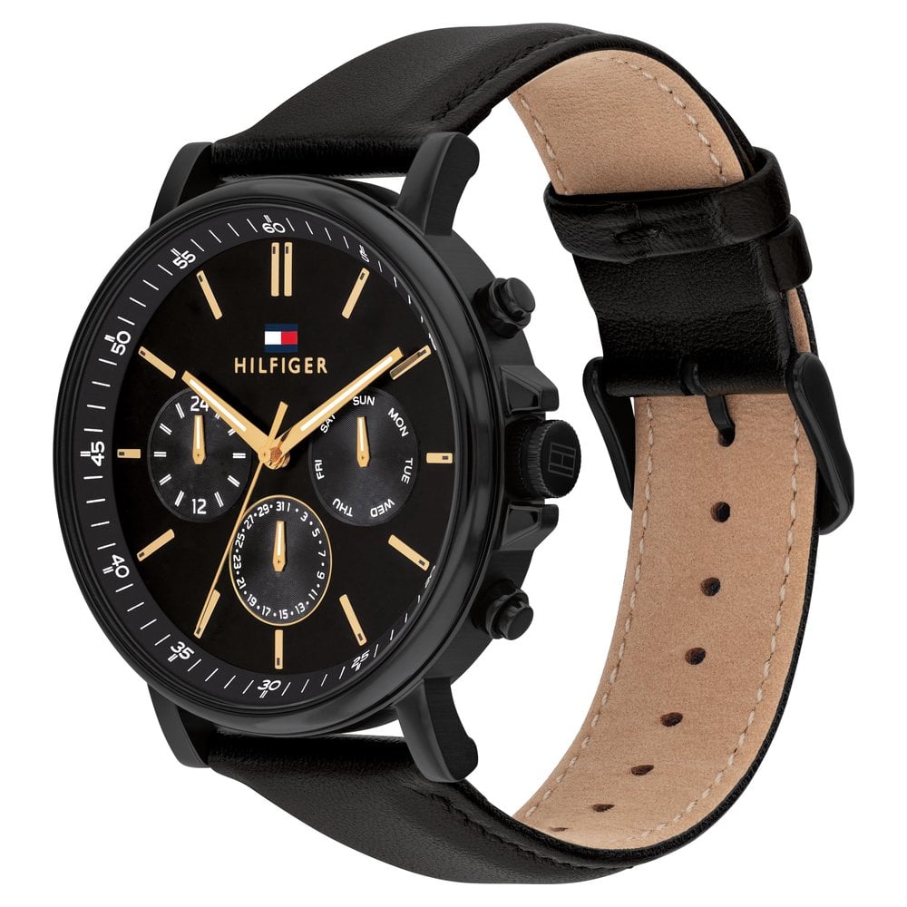 Buy Online Tommy Hilfiger Multifunction Black Round Dial Black Leather ...