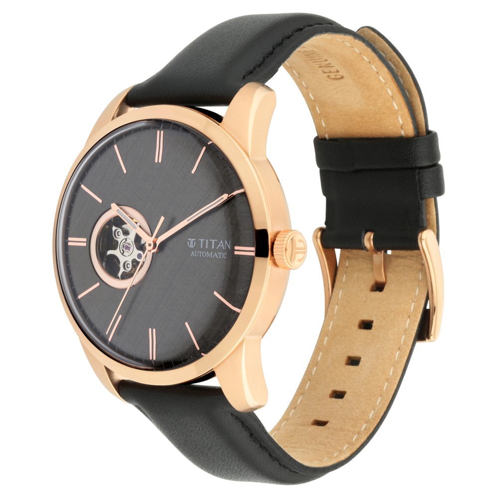 Buy Online Titan Automatic Open Heart Black Dial Black Leather Strap ...