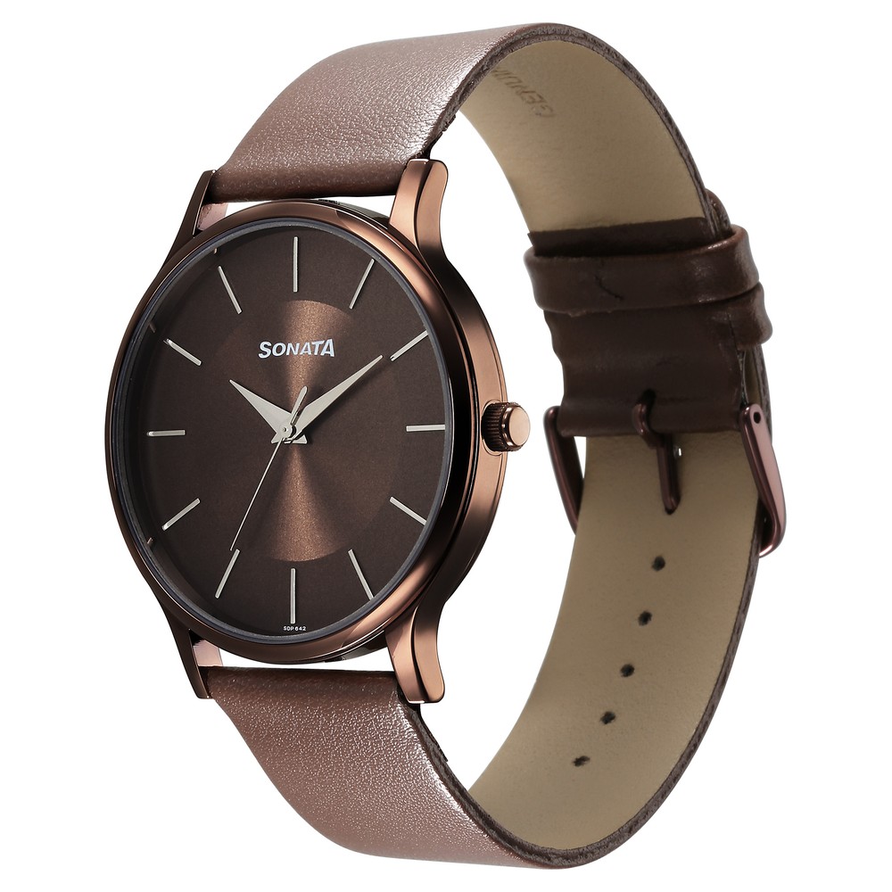 Buy Online Sonata Aspire Quartz Analog Brown Dial Leather Strap Watch ...