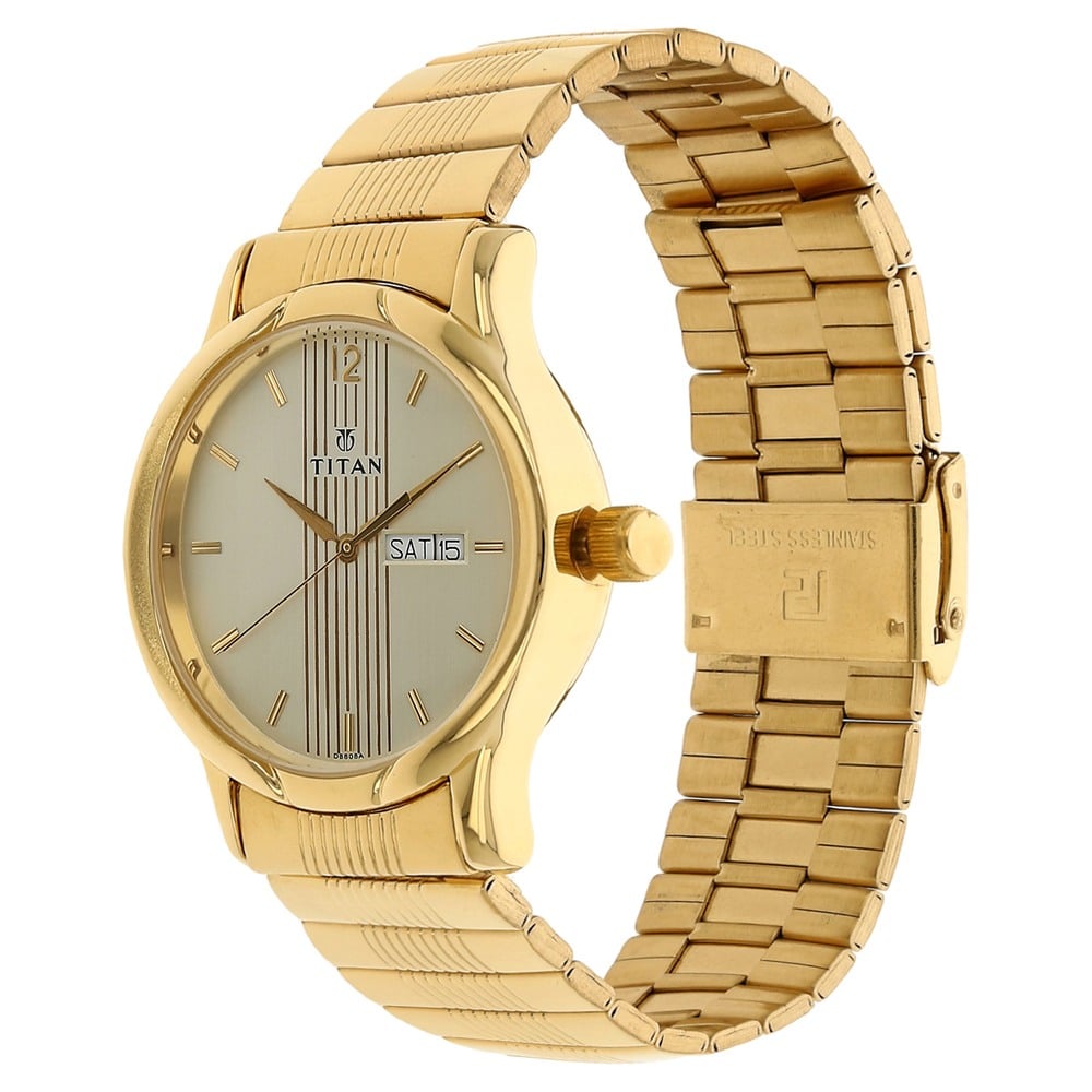 Buy Online Titan Analog with Day and Date Champagne Dial Metal Strap ...