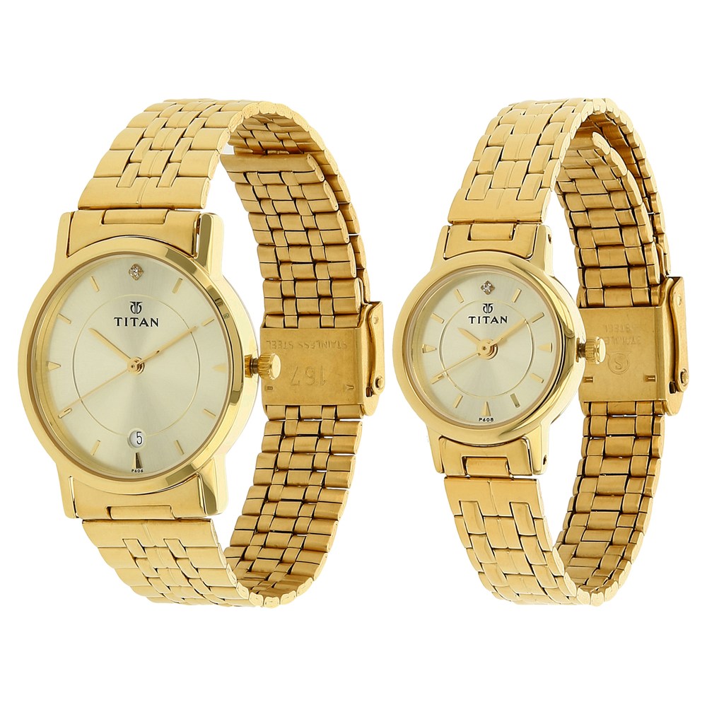 Buy Online Titan Quartz Analog Golden Dial Stainless Steel Strap Watch ...