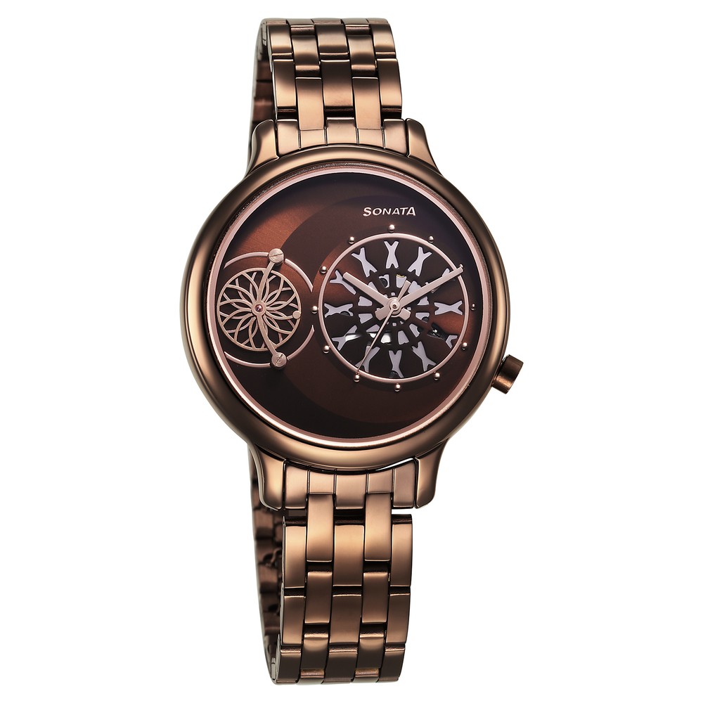 Buy Online Sonata Unveil Quartz Analog Brown Dial Metal Strap Watch for ...