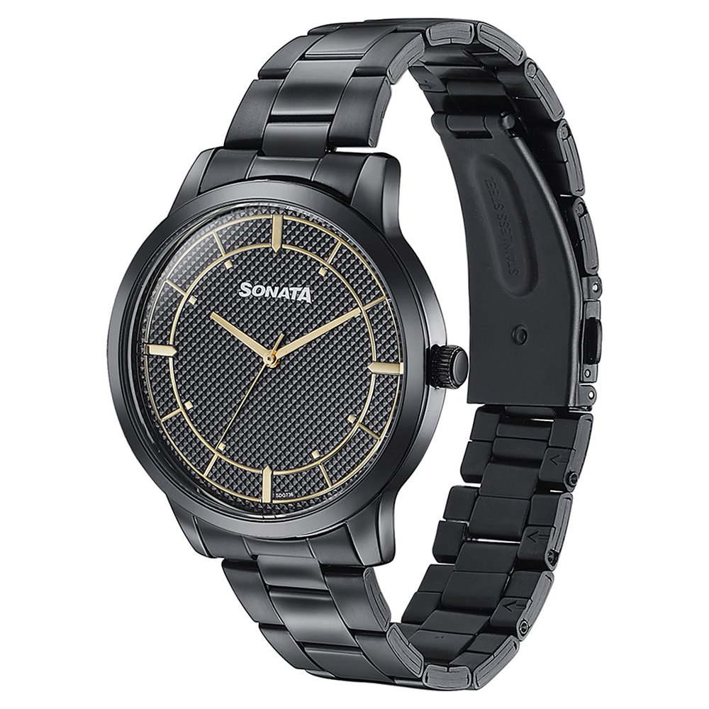 Buy Online Sonata Quartz Analog Black Dial Black Stainless Steel Strap ...