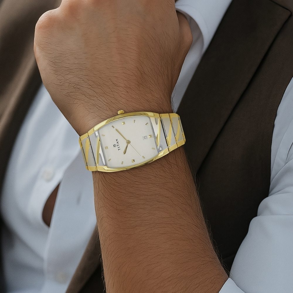 Buy Online Titan Analog with Date White Dial Stainless Steel Strap ...