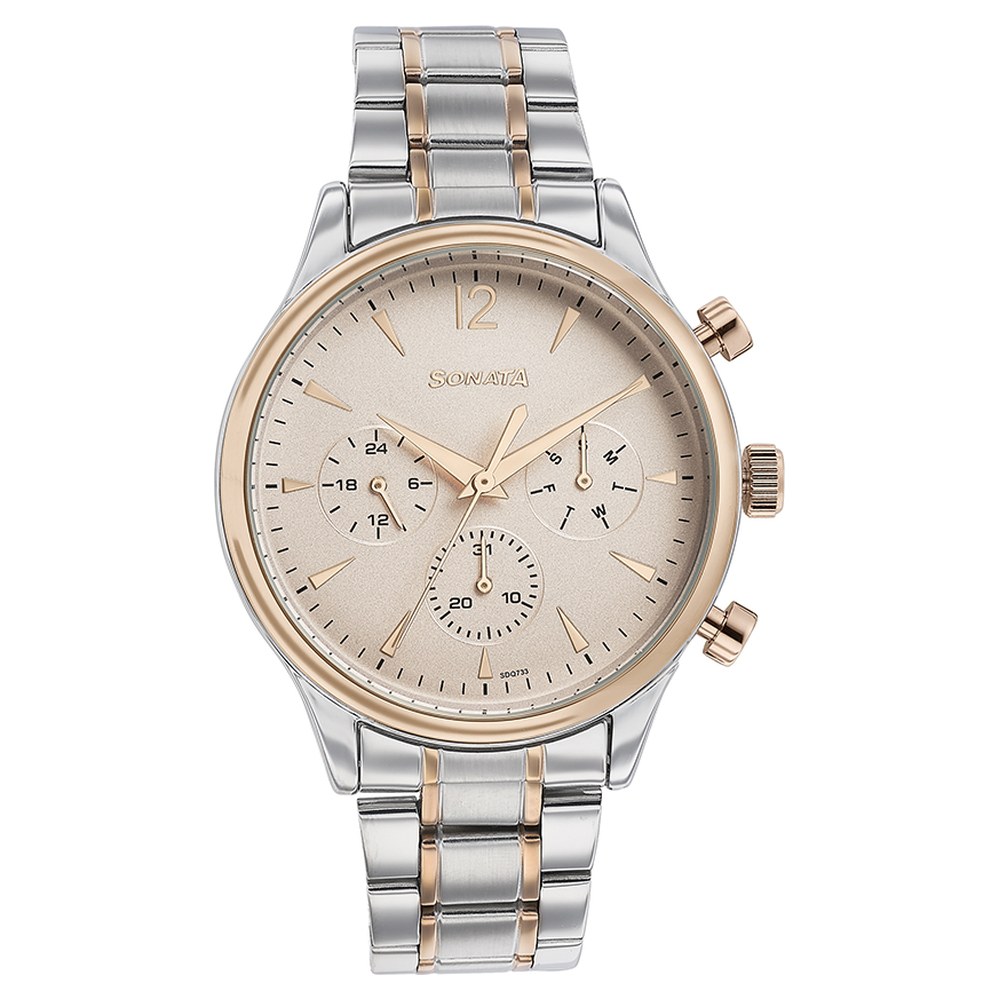 Buy Online Sonata Quartz Multifunction Pink Dial Two Toned Stainless ...