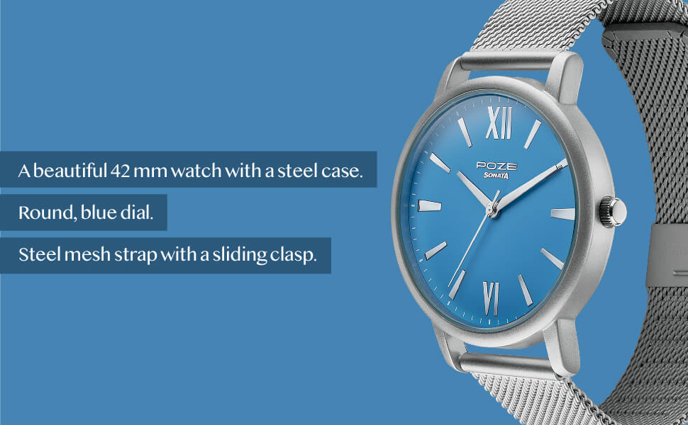 Buy Online Sonata Poze Quartz Analog Blue Dial Mesh Strap Watch for Men ...